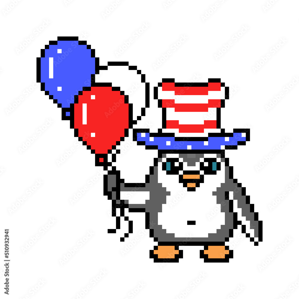 Penguin celebrating 4th of July, pixel art animal character isolated on ...