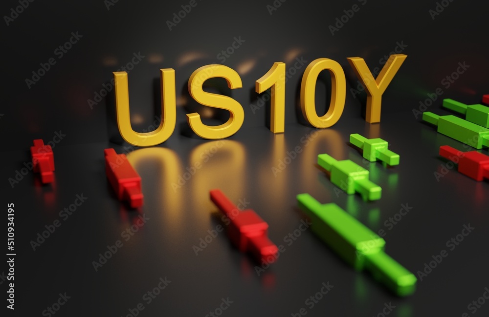 The yield sign of 10-year US bonds, us10y, on a dark background with a ...