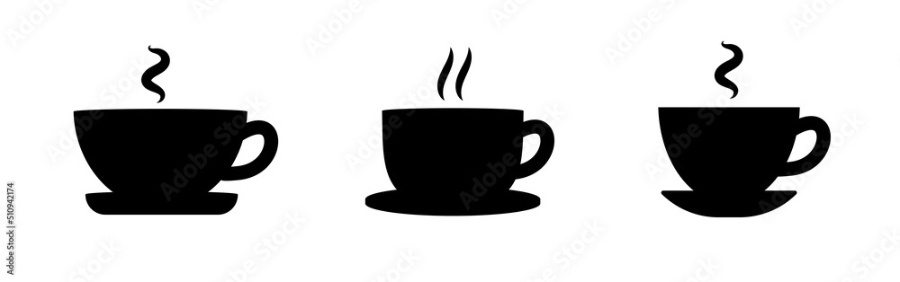 Cuppa. Set of black icons of tea or coffee cups. Hot drink with steam ...