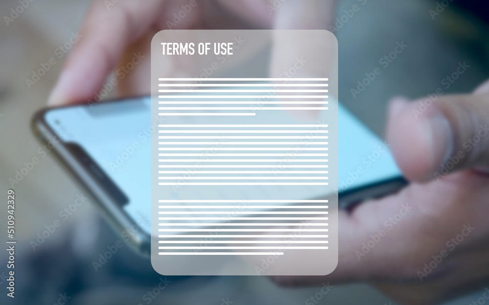 abstractly illustrated semi-transparent terms of use document as e ...