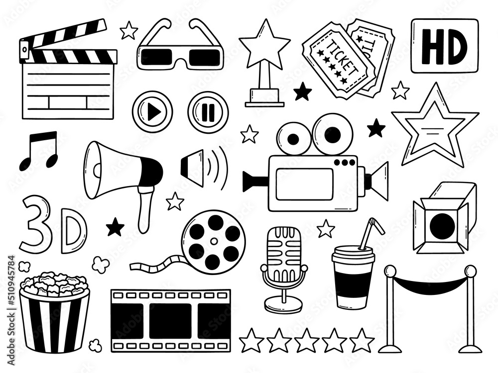 Hand drawn set of Cinema, film doodle. Movie elements in sketch style. Camera, film strip ...