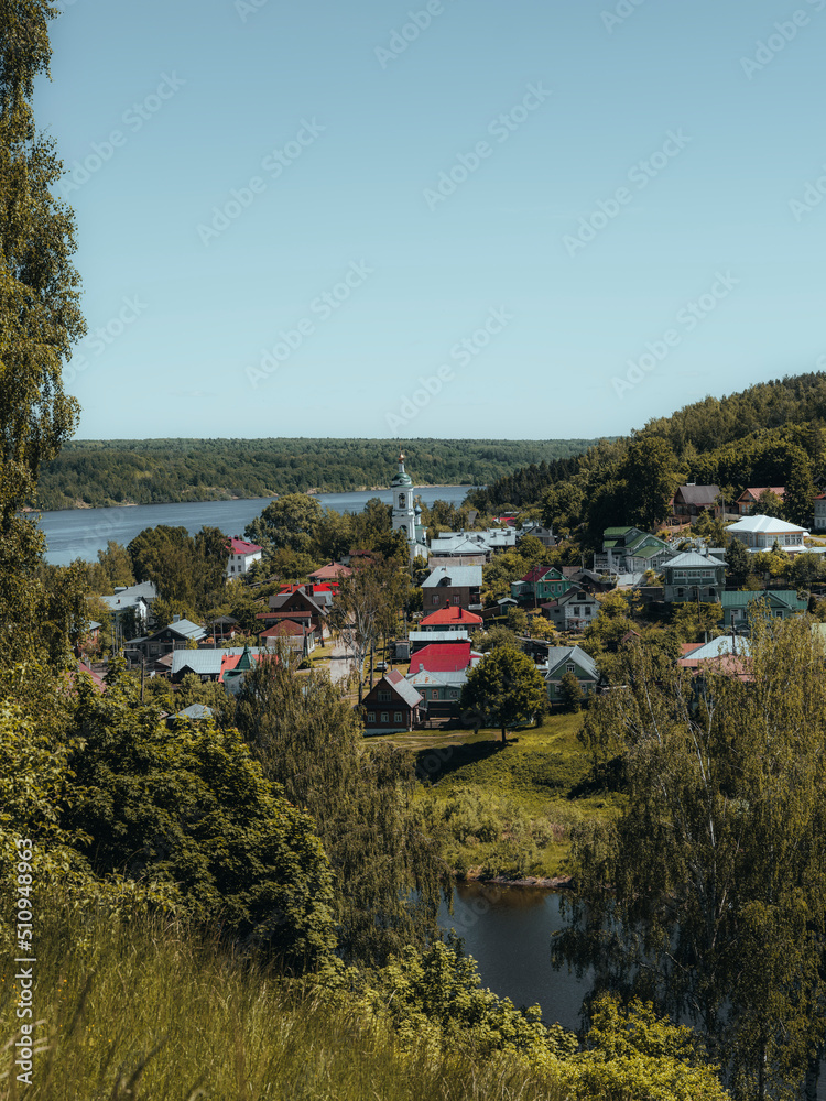 Ples, Russia. View from Cathedral Mountain on a cute country town ...