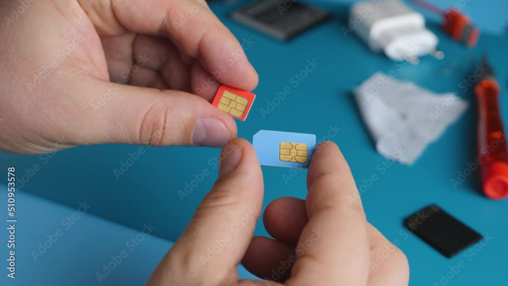 Repairman's hand take and hold red micro SIM and blue mini SIM cards ...
