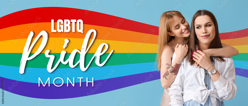 Young transgender couple on blue background. Celebration of LGBT Pride ...