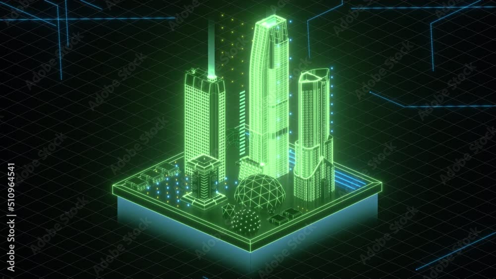 digital city data travelling, smart city animation. Neon lights ...