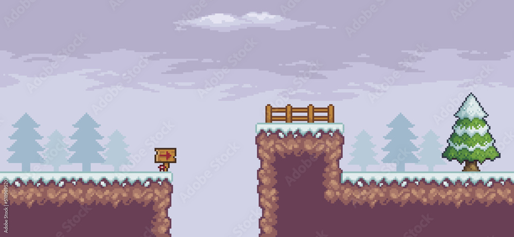 Pixel art game scene in snow with pine trees, fence, wooden board, clouds 8bit background vector ...