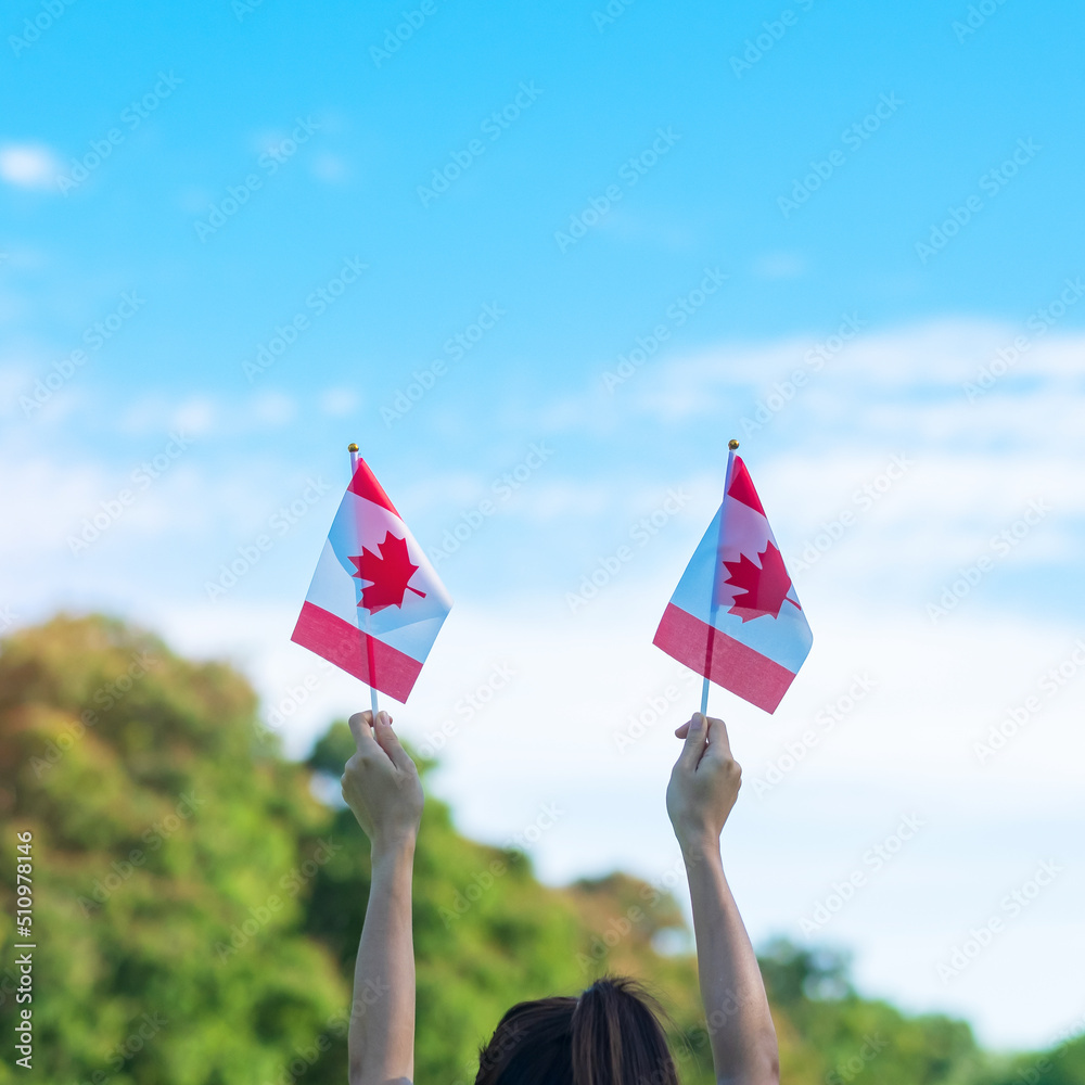 hand holding Canada flag on blue sky background. Canada Day and happy ...