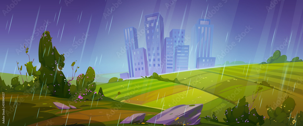 Summer scene with fields and city on skyline in rain. Vector cartoon ...