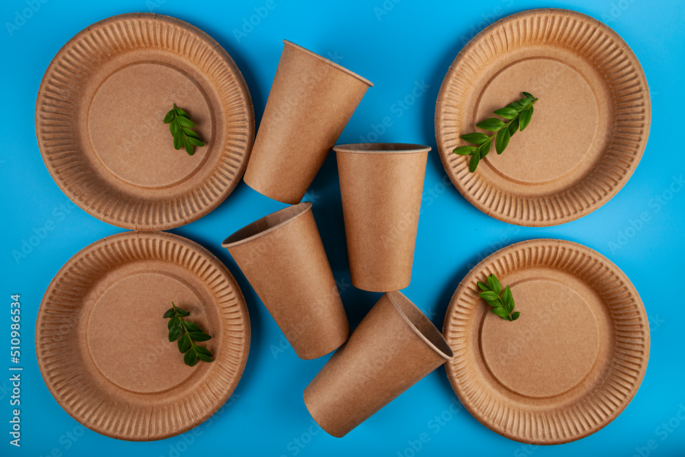 Disposable paper biodegradable cups, plates and green leaves Stock ...