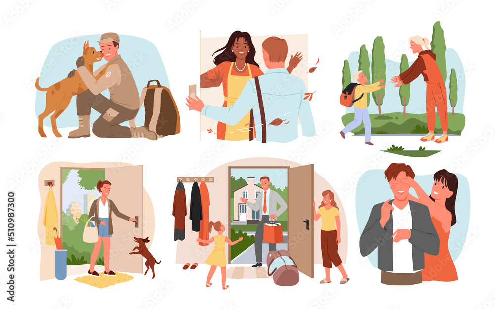 Happy people return home set vector illustration. Cartoon man and woman ...