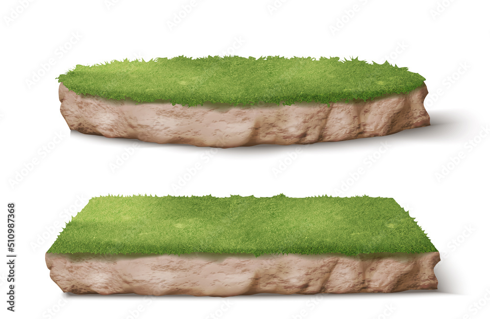 Land pieces with green grass realistic vector illustration. Trimmed ...