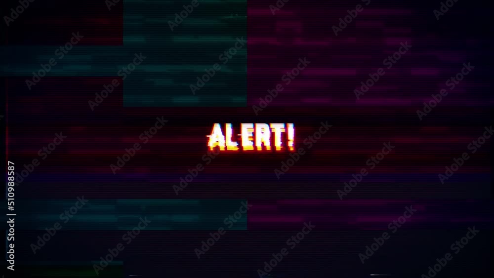 Alert text with Glitch pixel screen animation. VHS vignetted capture ...