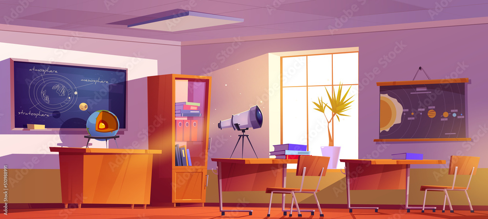 Classroom for astronomy learning in school. Vector cartoon illustration ...