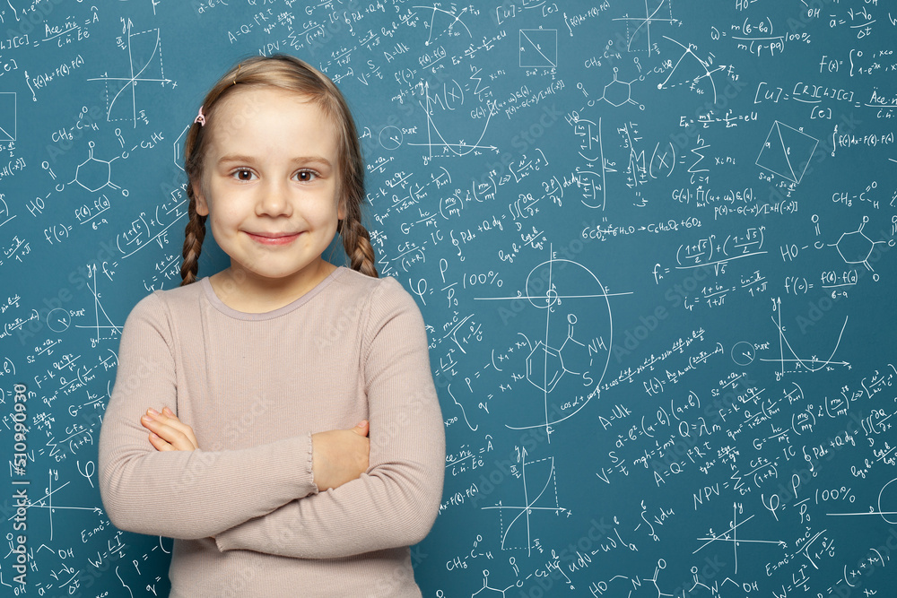 Successful female career concept. Cheerful little girl math student on ...