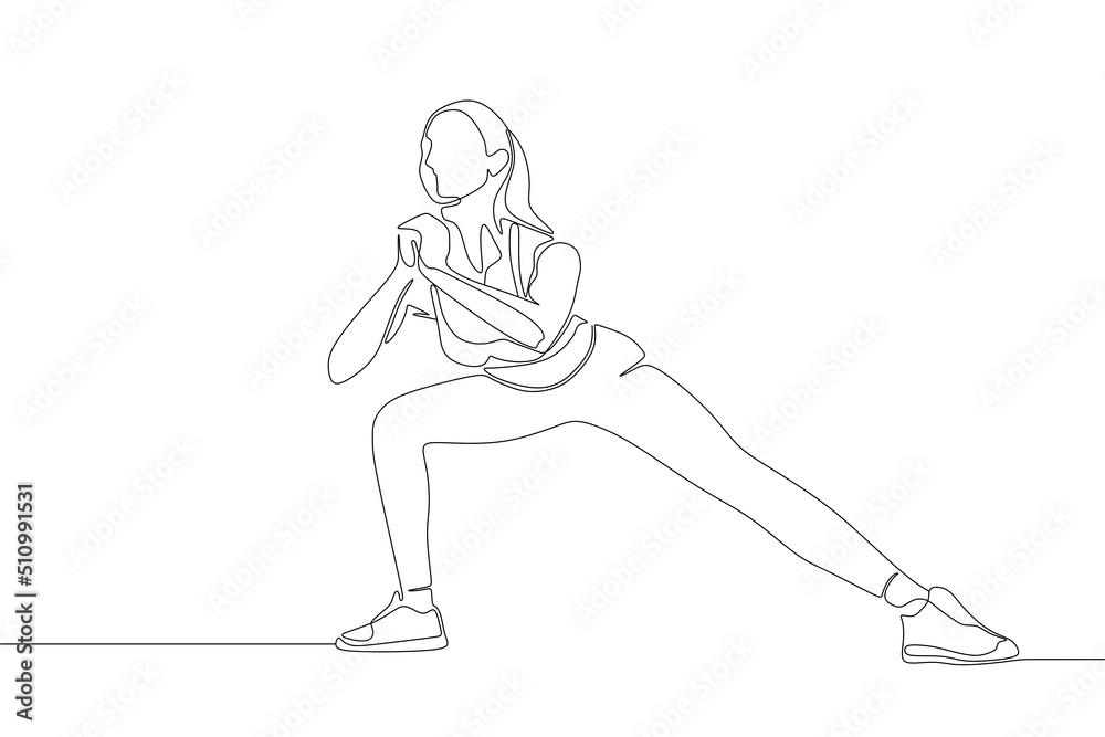 Single continuous line drawing of young sportive woman training in gym ...
