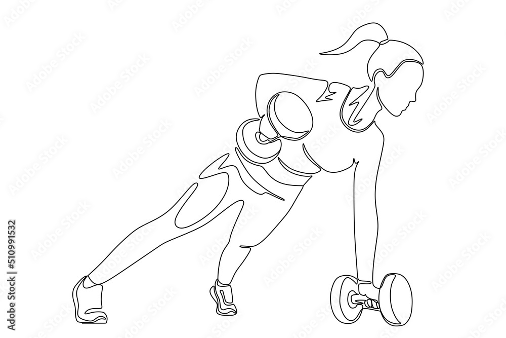 Single continuous line drawing of young sportive woman training in gym ...