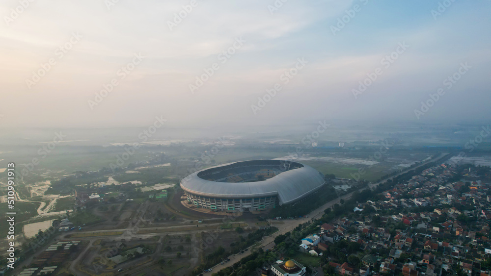 Aerial view of the Beautiful scenery Gelora Bandung Lautan Api (GBLA) Football or Soccer Stadium ...