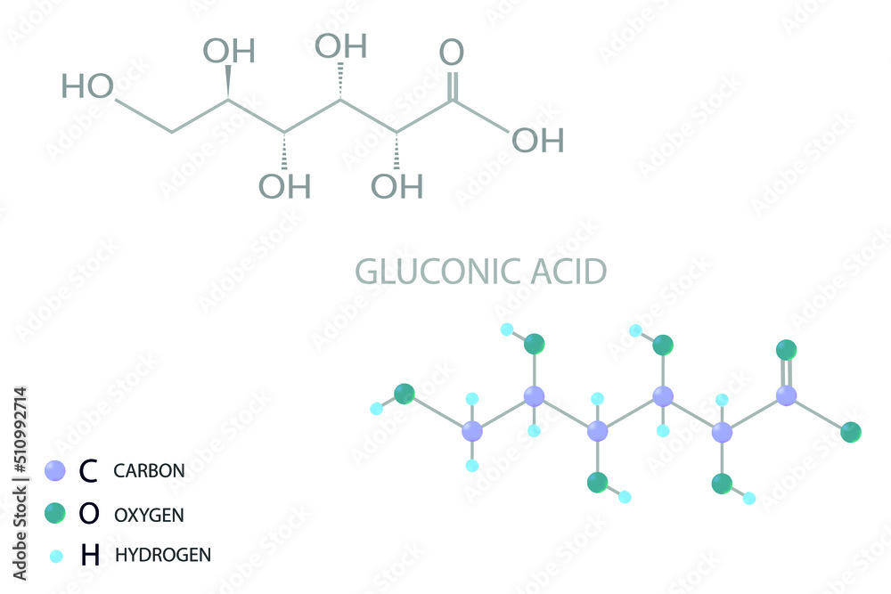 Gluconic acid molecular skeletal 3D chemical formula. Stock Vector ...