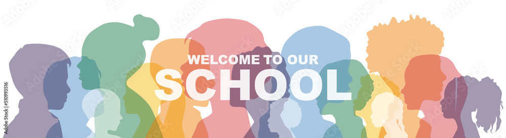 Welcome To Our School banner. Children stand side by side together ...