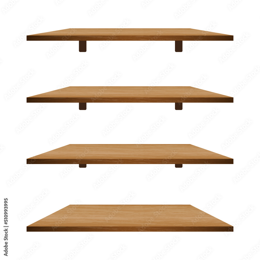 Realistic empty wooden store shelves set. Product shelf with wood ...