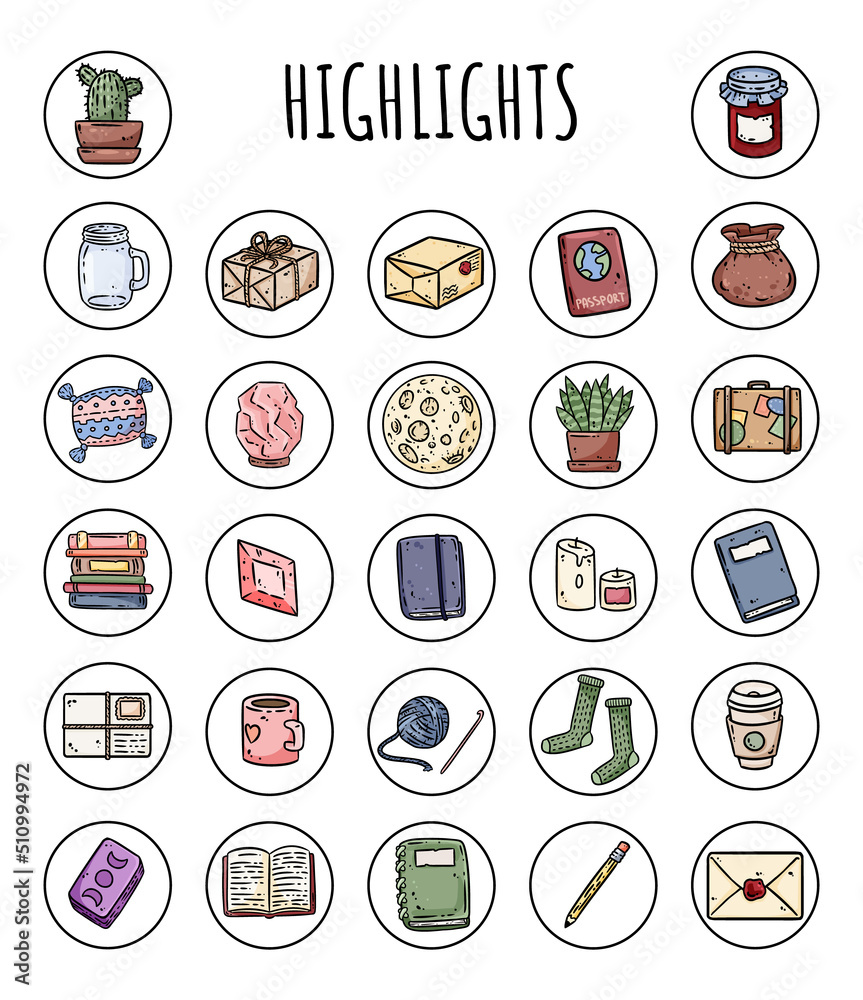 Set of highlights cartoon media icons. Comic style graphic symbols ...