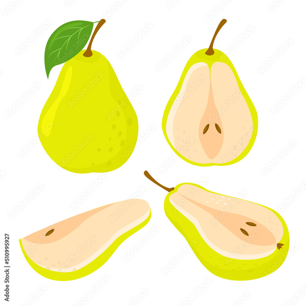 Green pear set. Sliced pears collection. Slices, whole and half fruits ...