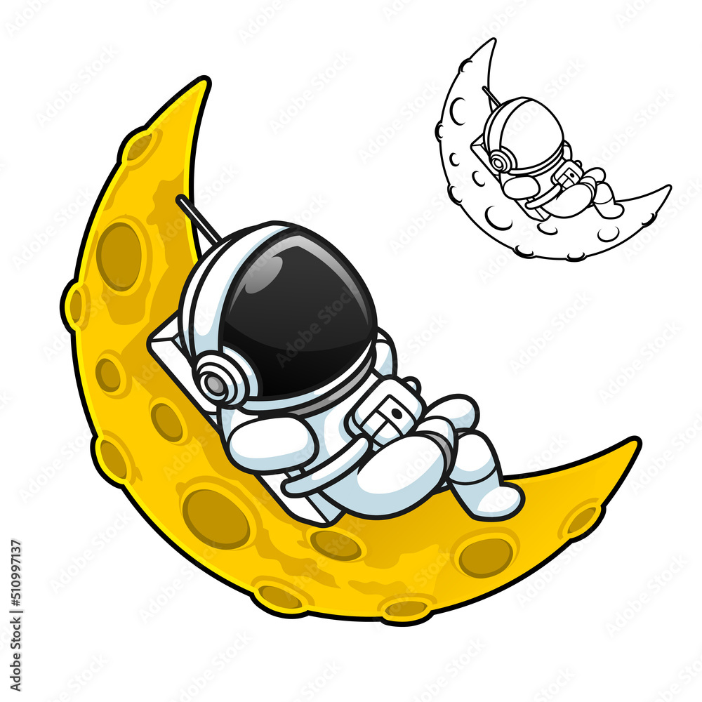 Astronaut Sitting on The Crescent Moon with Black and White Line Art ...