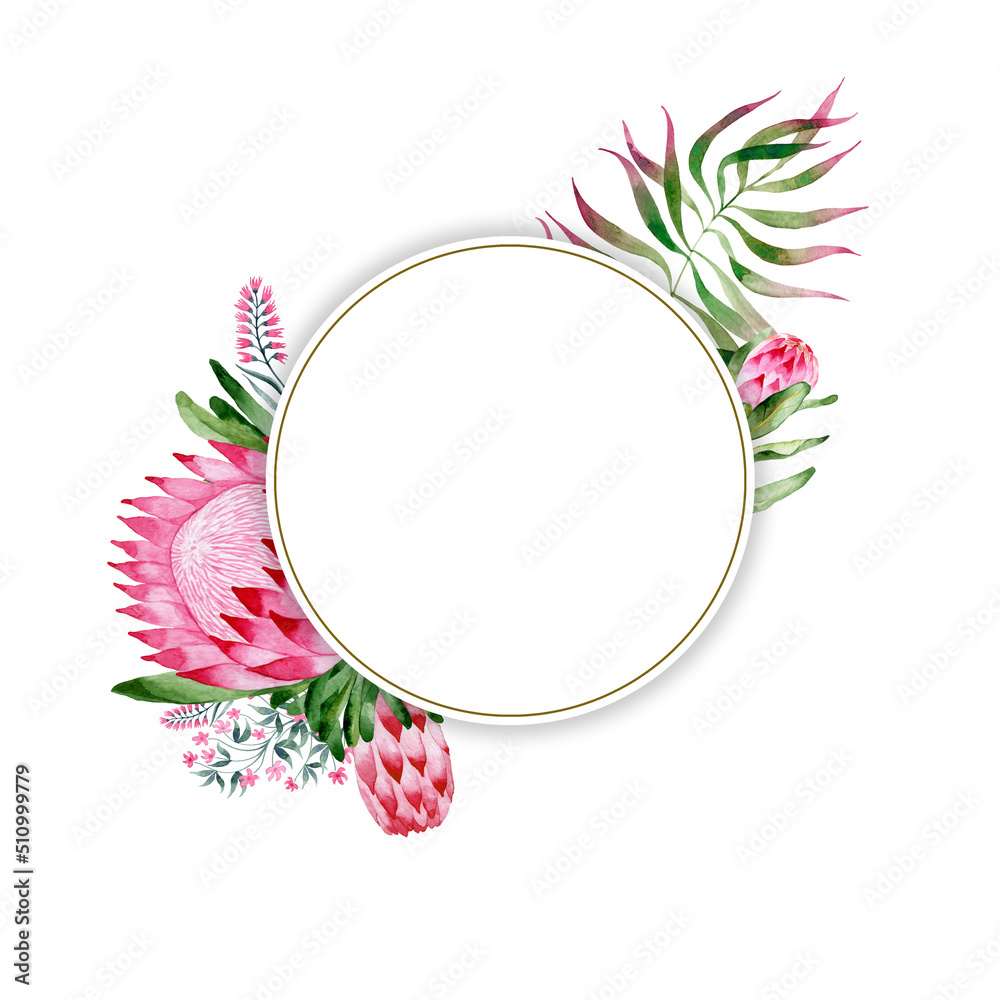 Watercolor hand-painted in a gold frame with protea, flowers and green ...