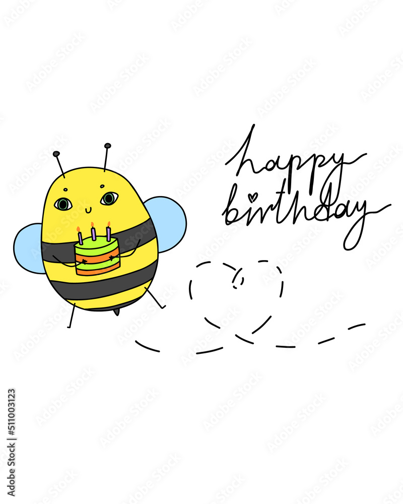 Cute cartoon bee. Happy birthday insect text. Animal doodle ...