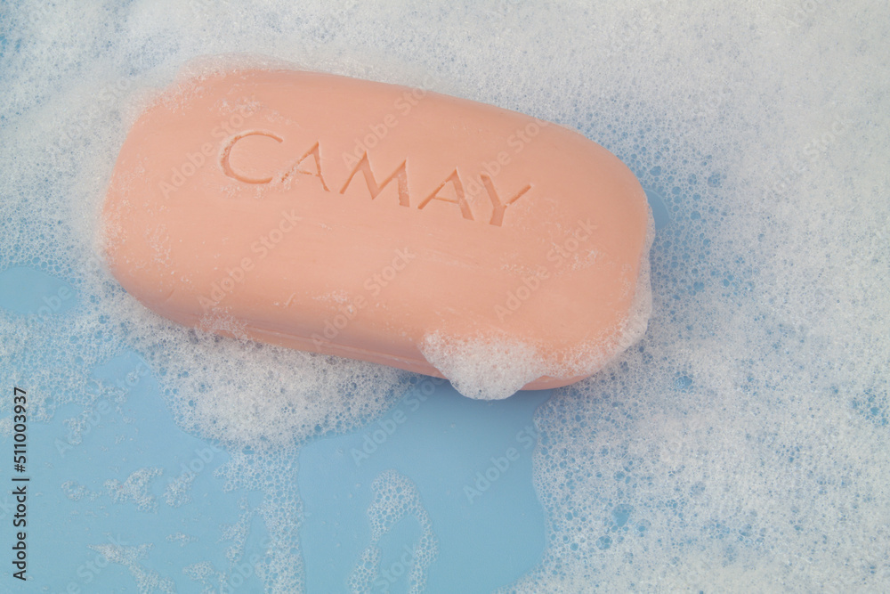 HO CHI MINH CITY, VIETNAM - JUNE 14, 2022: Camay soap bar with white ...