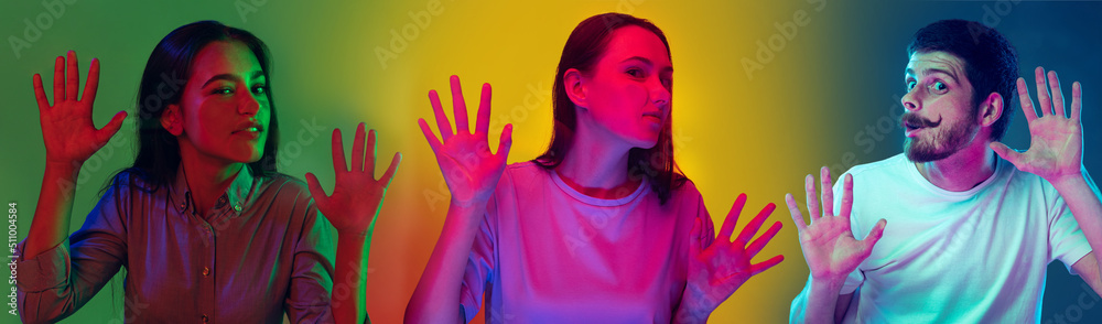 Collage made of close-up portraits of young people crushed on glass ...