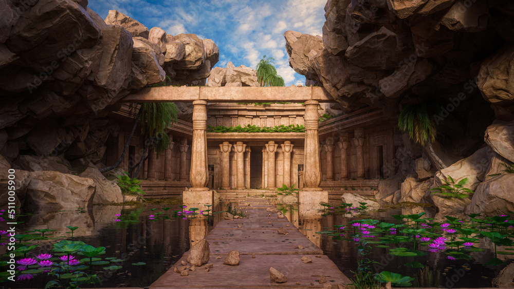 Ancient fantasy temple entrance with stone path across a pond to the ...
