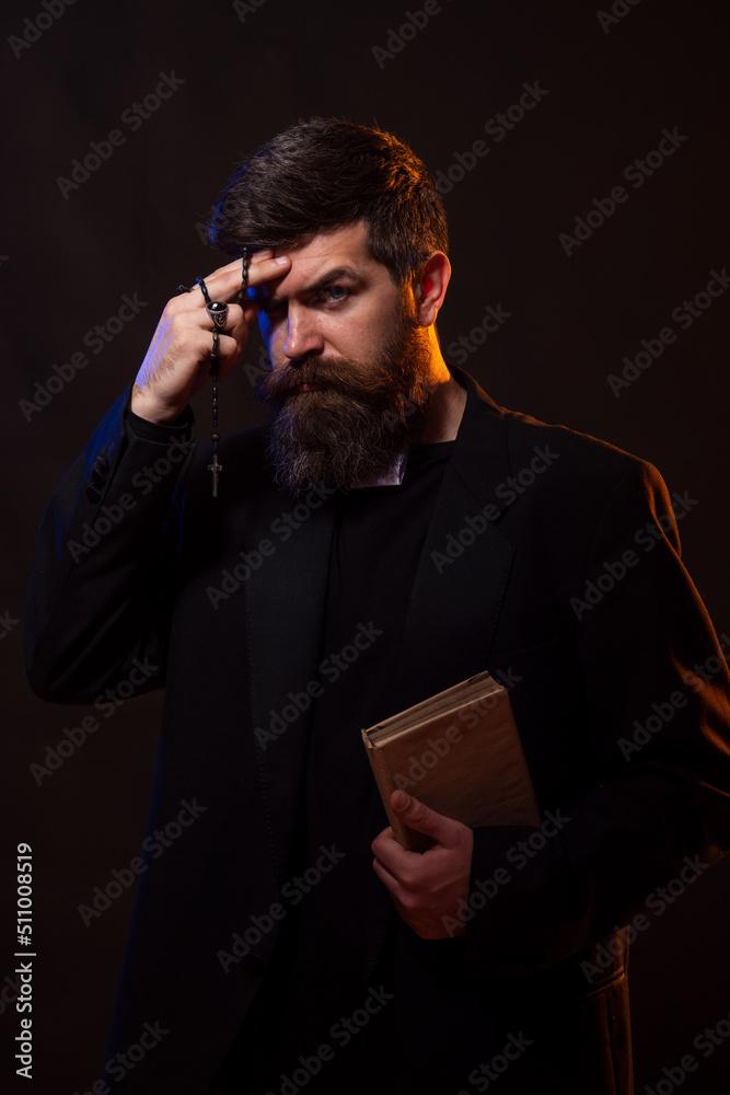Pastor or preacher with the Bible. Praying hands priest portrait of ...