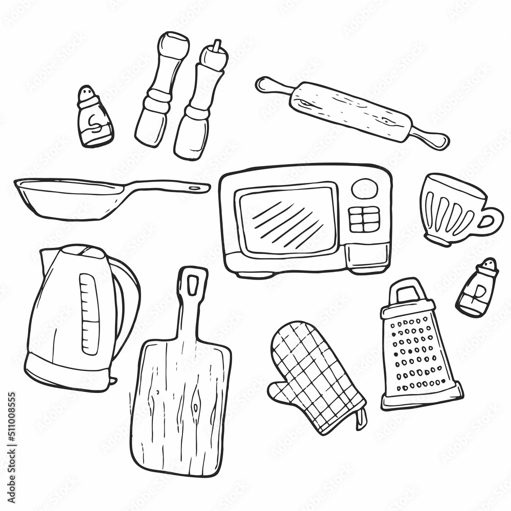 Set of doodle kitchen utensil outline in black isolated over white ...
