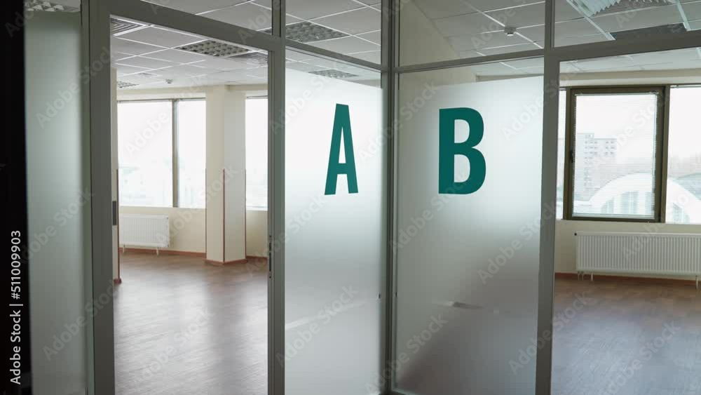 Background template, the interior of an empty office space divided into ...