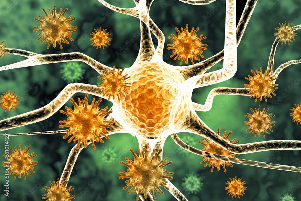 Viruses infecting neurons, brain infection concept, neuronal ...