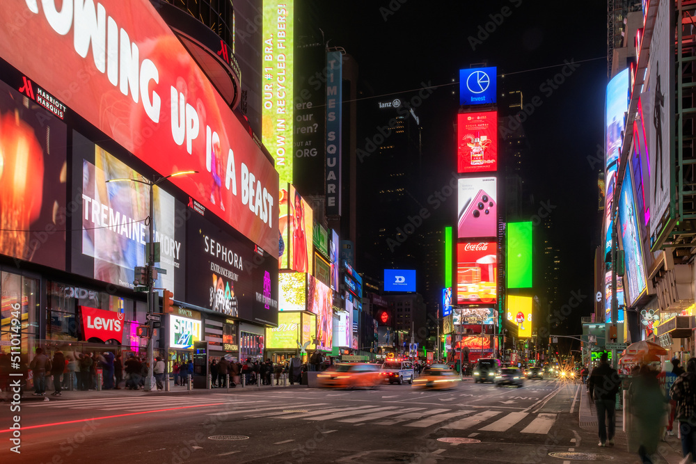 Night view of the Times Square at night in Manhattan, NY, USA. Times ...