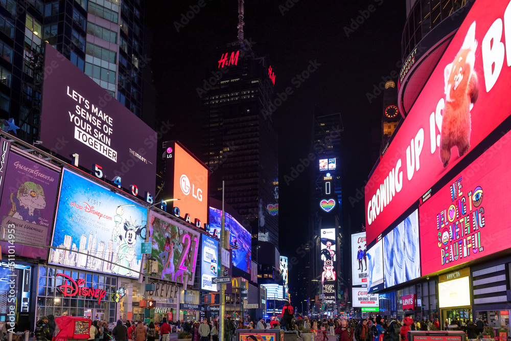 Times Square at night, featured with Broadway Theaters and animated ...