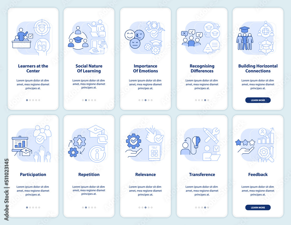 Principles Of Learning Light Blue Onboarding Mobile App Screen Set Walkthrough 5 Steps Editable