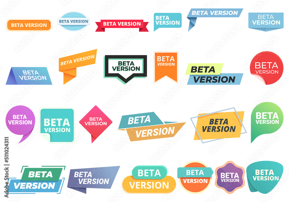 Beta version icons set cartoon vector. Build bug. Beta code Stock ...
