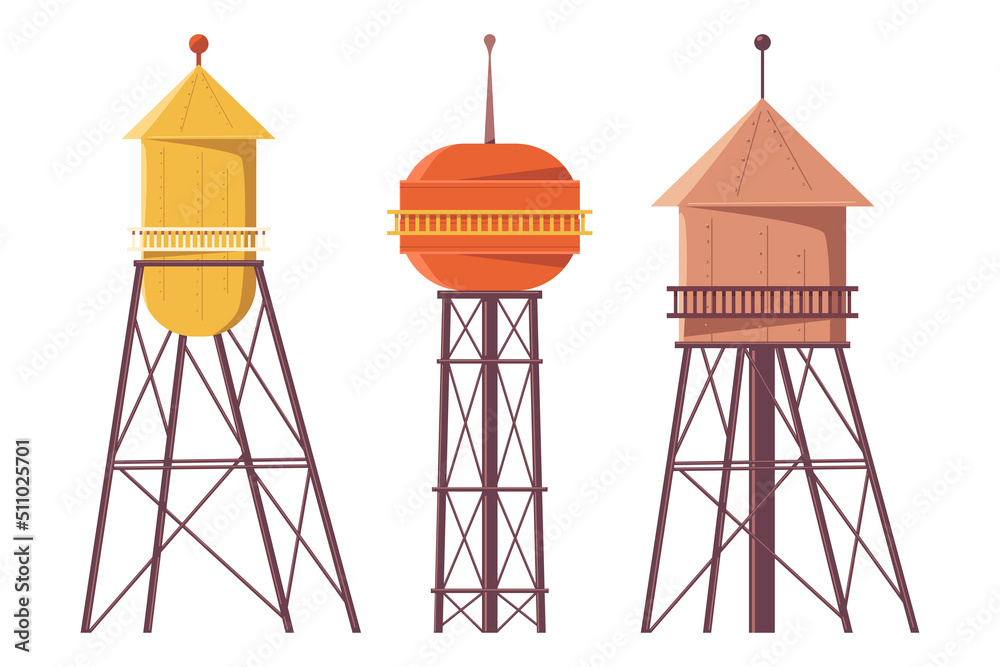 Water towers vector cartoon set isolated on a white background. Stock ...