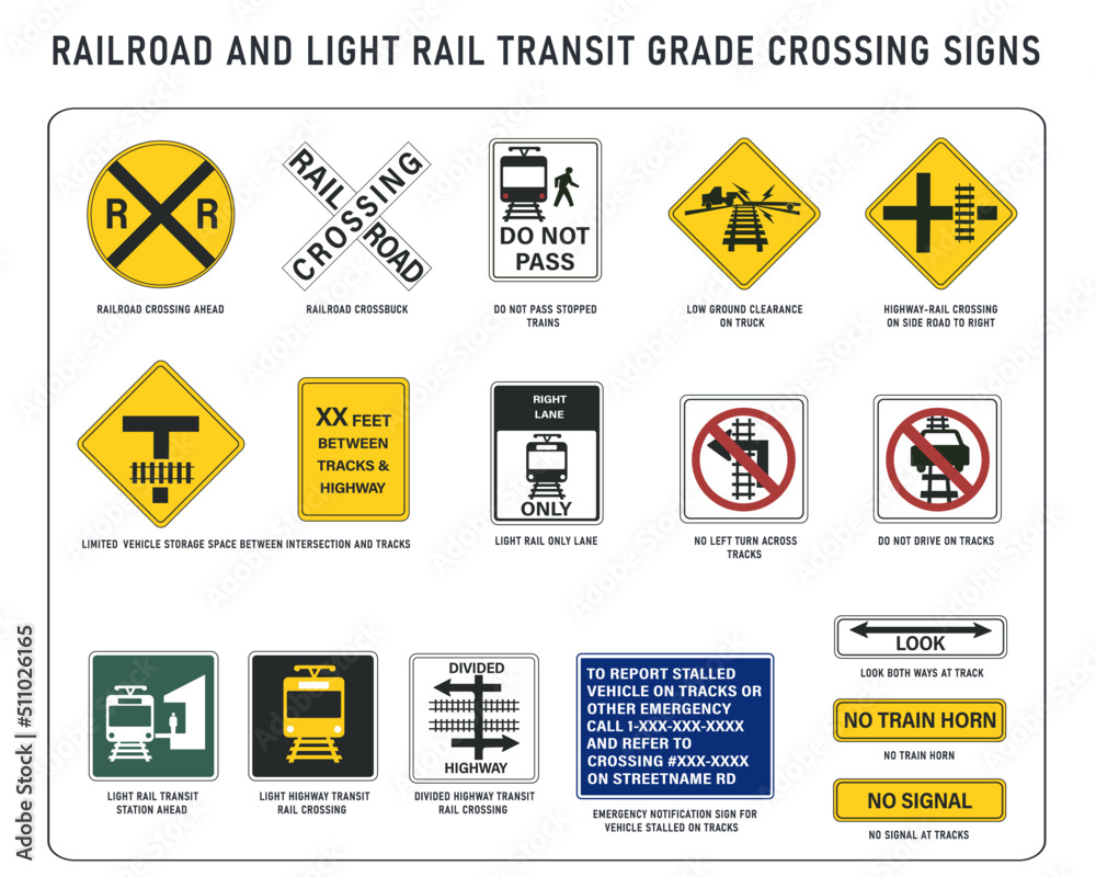 Set of US railroad and light rail transit grade crossing signs Stock ...