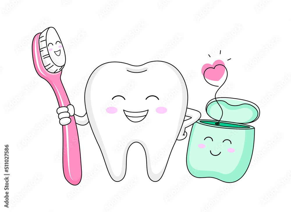Cute cartoon tooth character with toothbrush and dental floss. Dental ...