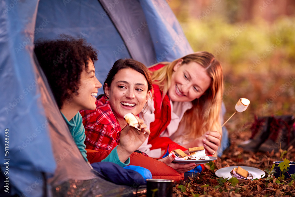 Group Of Female Friends On Camping Holiday In Forest Lying In Tent ...
