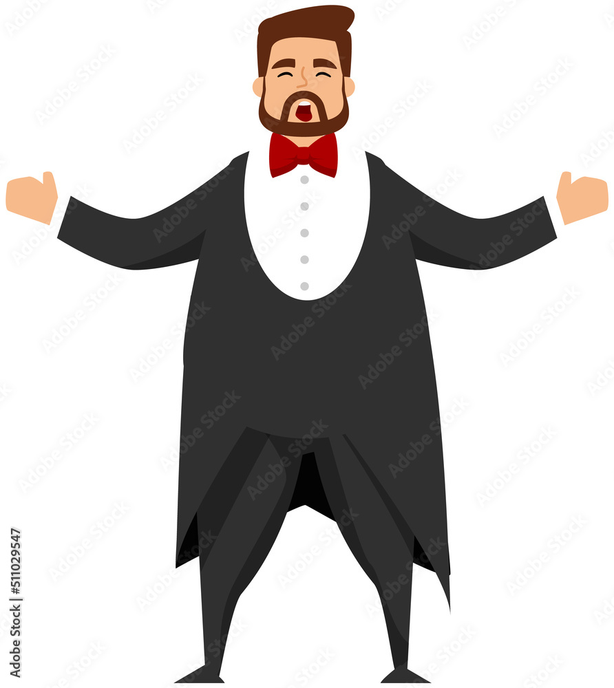 Opera singer male character sing song, man in black tuxedo at concert ...