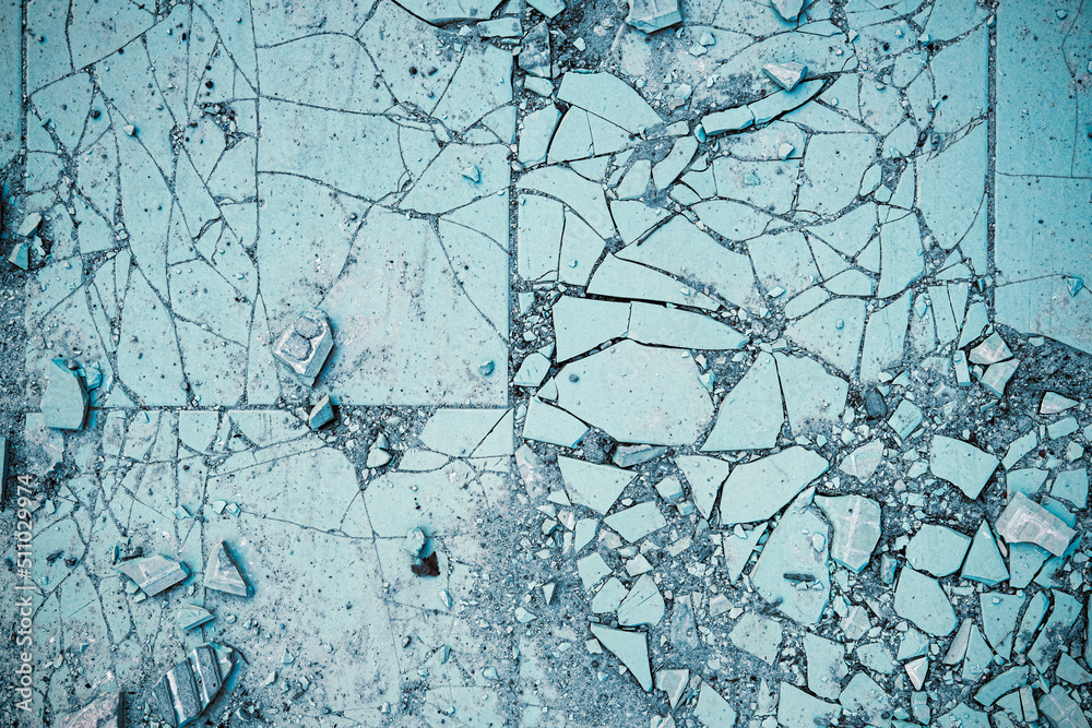 Blue abstract backdrop. Broken ceramic tiles on the ground texture ...