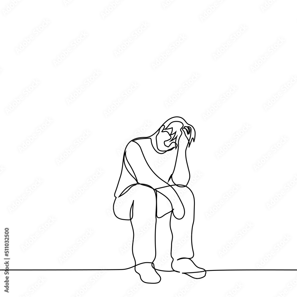 man sits with his head down, which he props up with his hand - one line ...