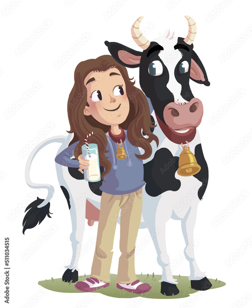 Children's illustration of a little girl with a cow Stock Illustration ...