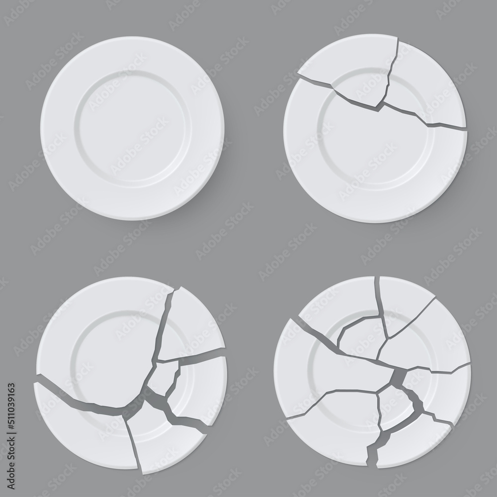 Whole and broken white ceramic plate top view collection realistic ...
