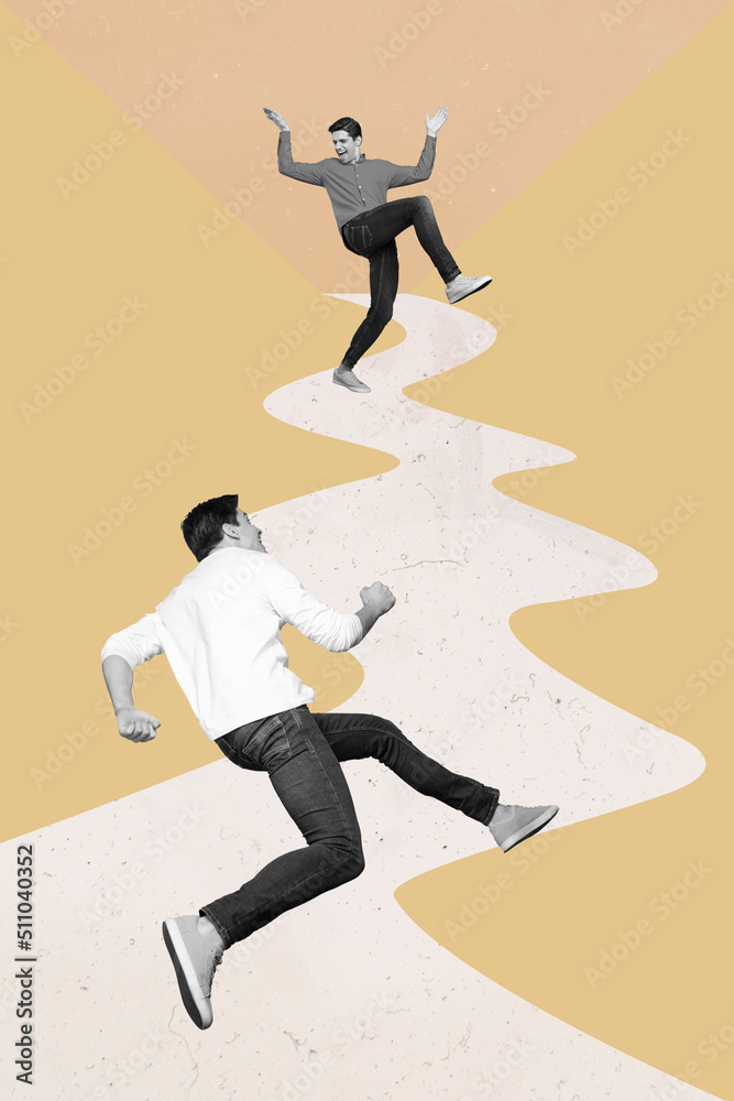 Vertical collage picture of two running sportive people black white ...